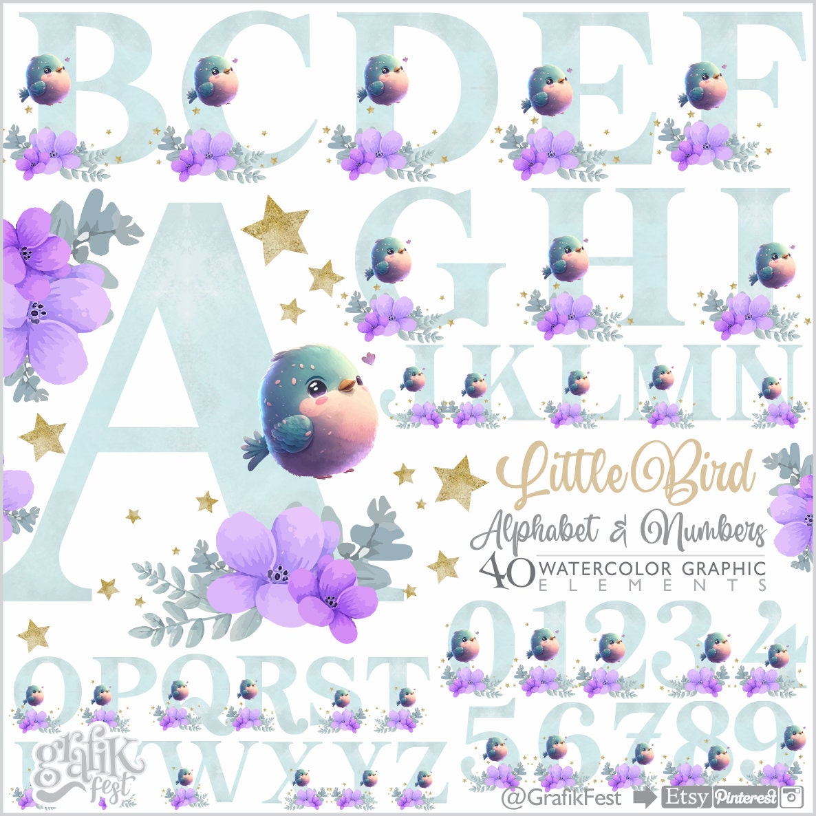 Bird Alphabet Watercolor Alphabet Clipart Number - Etsy