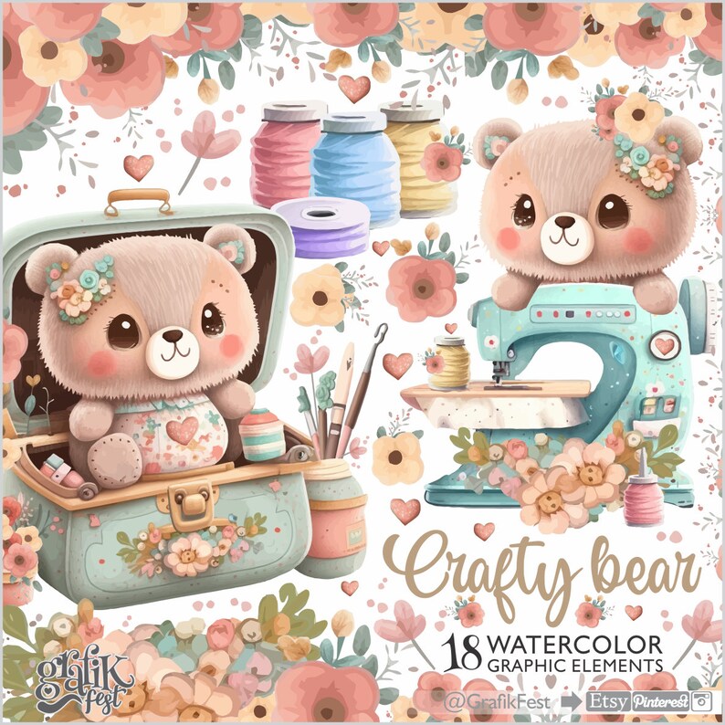 Crafty Bear Clipart Bear Clipart Sewing Clipart Craft - Etsy