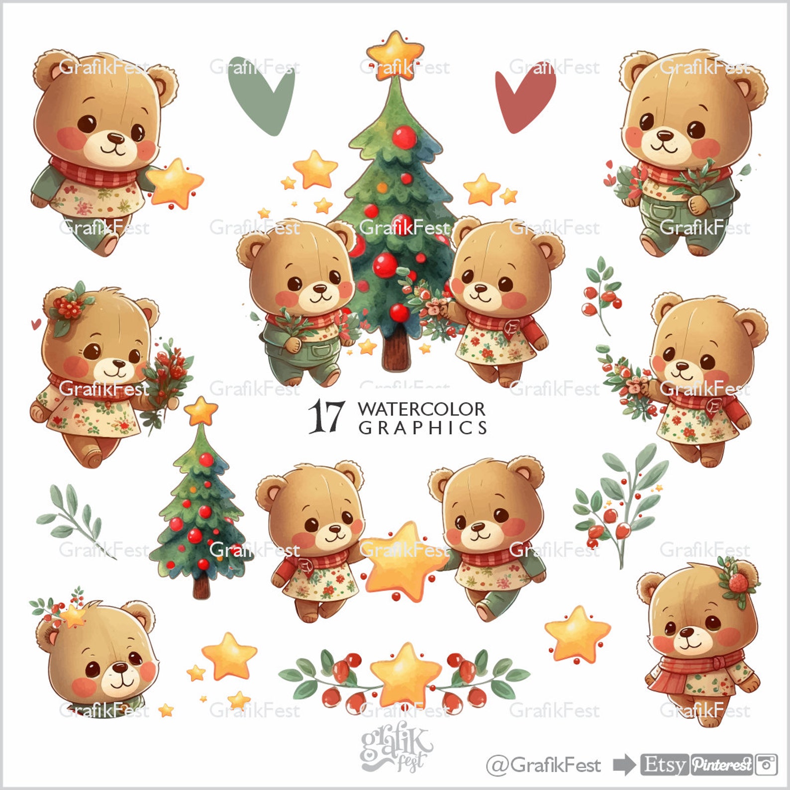 Christmas Bear Christmas Clipart Watercolor Clipart - Etsy