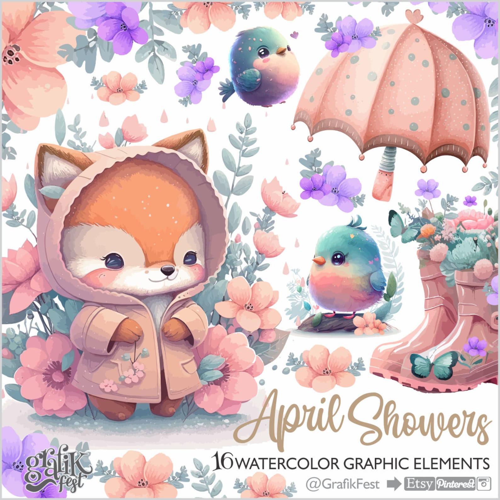 April Showers Clipart Watercolor Spring Graphics Rainy - Etsy
