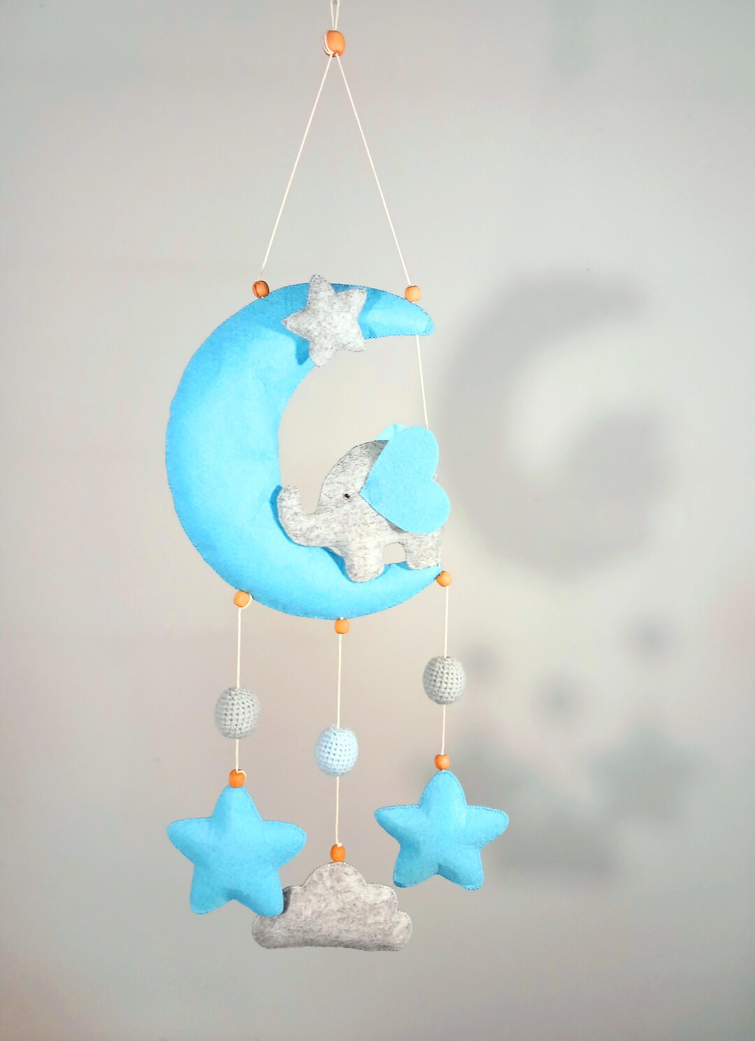 Blue Moon and Elephant Mobile, Baby Mobile Boy, Felt Moon Mobile, Baby ...