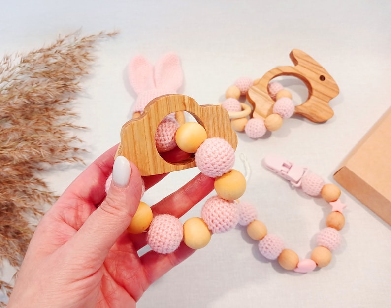 Pink Bunny Crochet Rattles, Baby Gifts 4pcs, Pacifier Clip, Wood Rattle ...