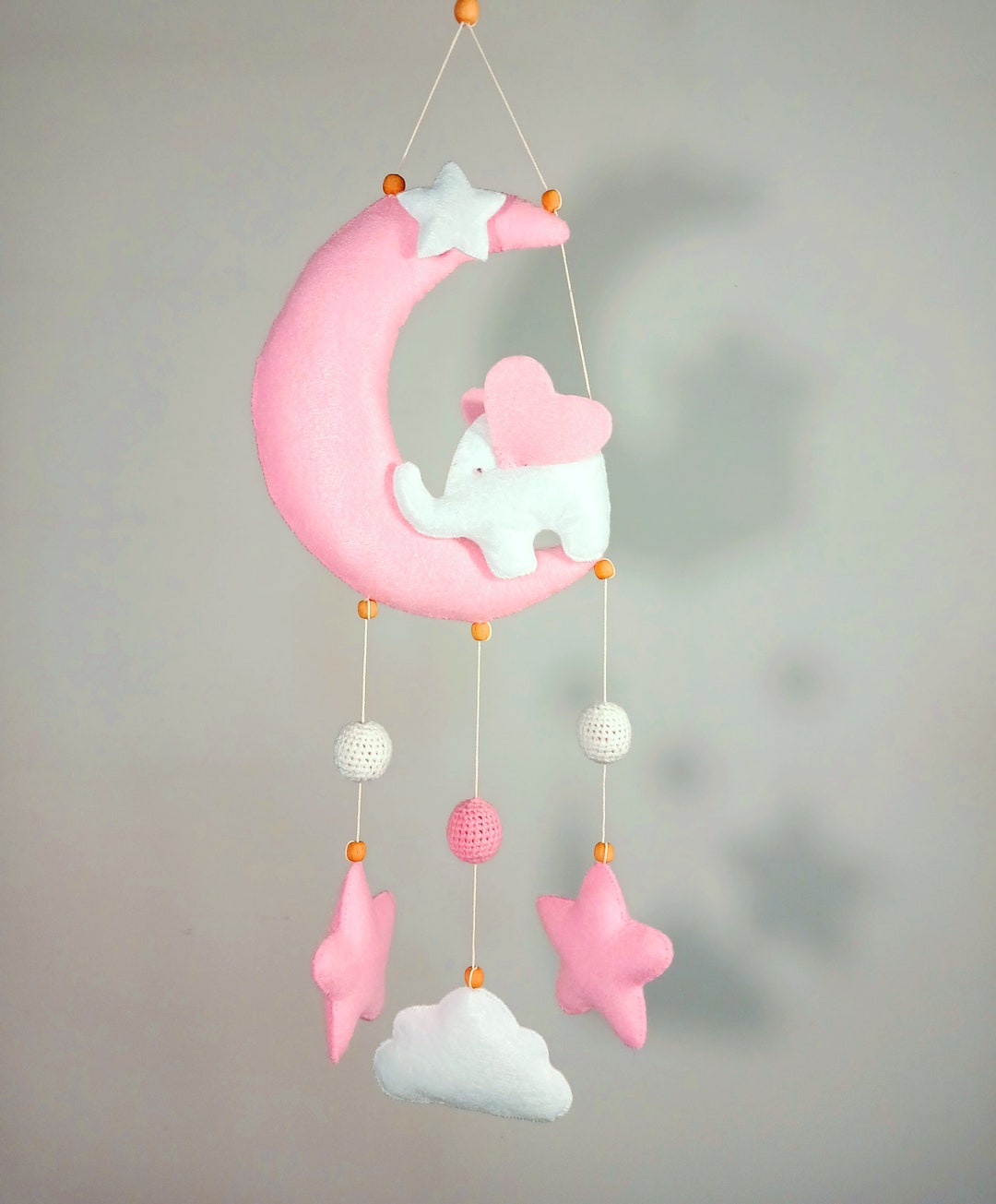Pink Moon and Elephant Mobile, Felt Moon Mobile, Baby Crib Mobile, Moon ...