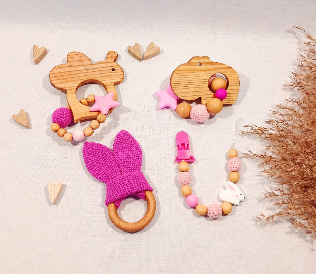 Pink Baby Rattle, Crochet Rattles, Baby Gifts, Pacifier Clip, Wood ...