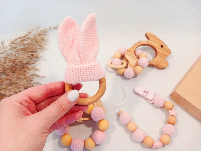 Pink Bunny Crochet Rattles, Baby Gifts 4pcs, Pacifier Clip, Wood Rattle ...