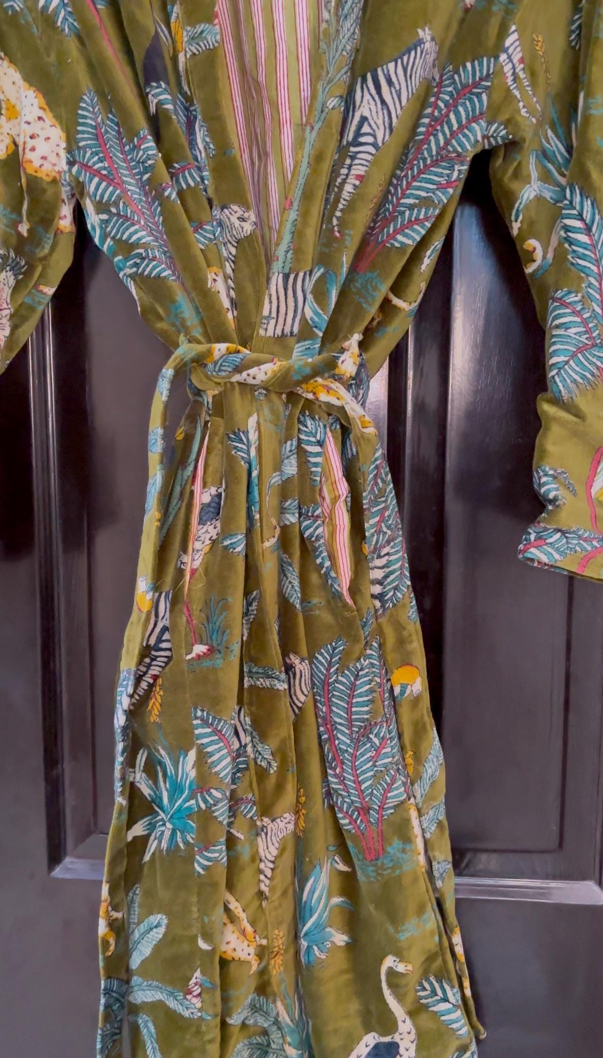 Indian Handmade Green Jungle Print Velvet Kimono Robes, Morning Tea ...