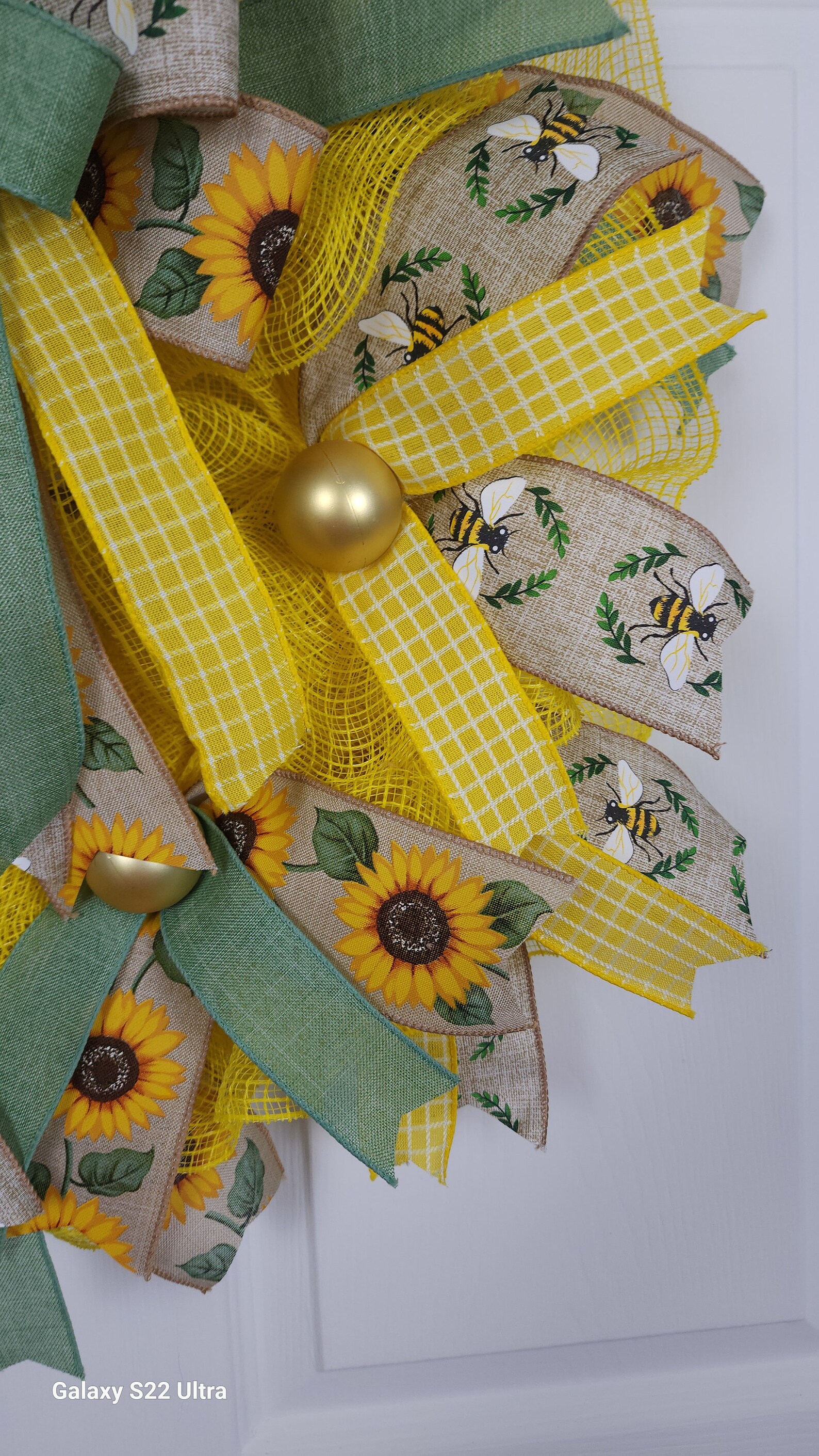 Sunflower and Bees Wreath, Ribbon, Bow and Mesh Wreath, Front Door ...