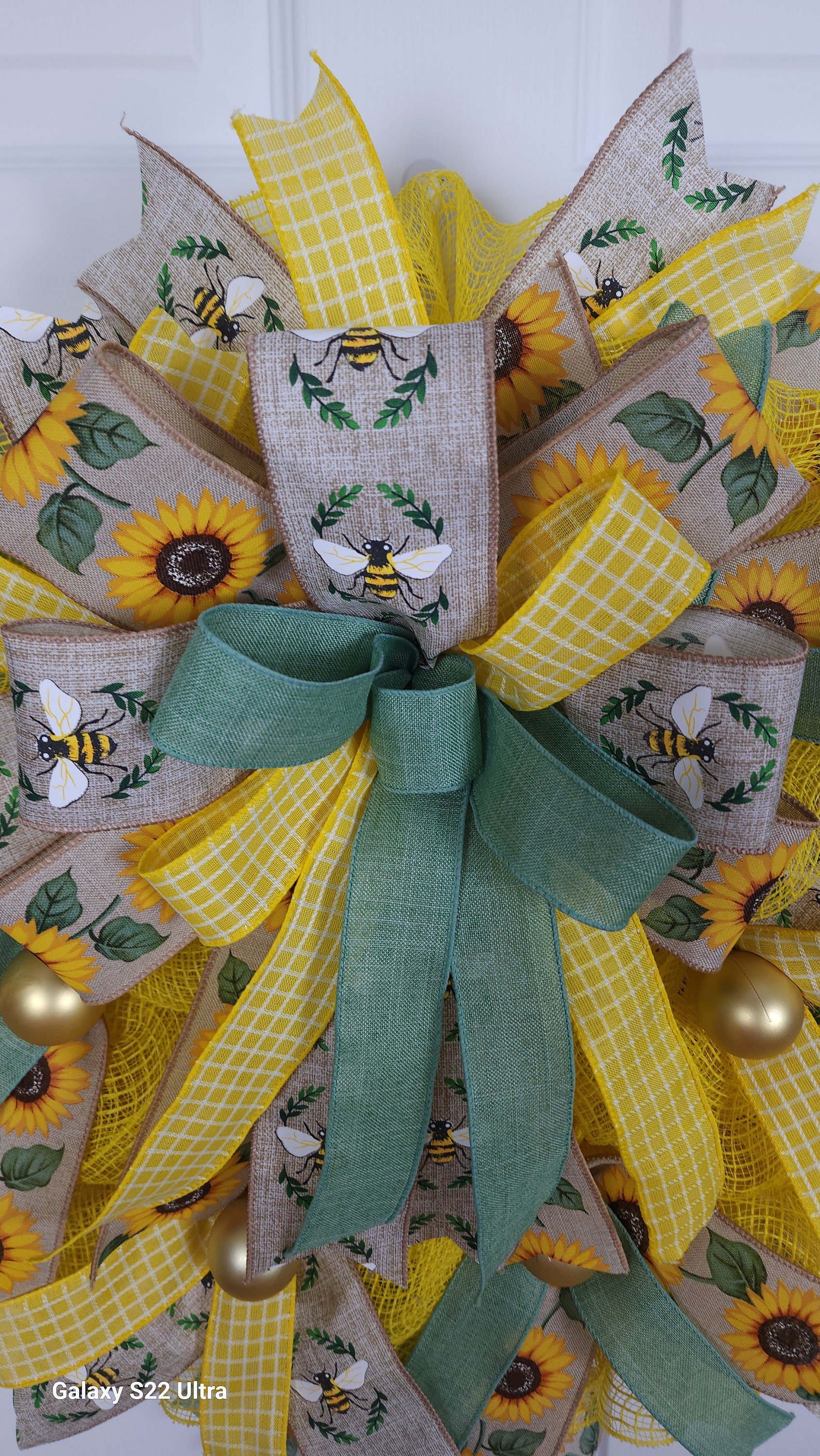 Sunflower and Bees Wreath, Ribbon, Bow and Mesh Wreath, Front Door ...