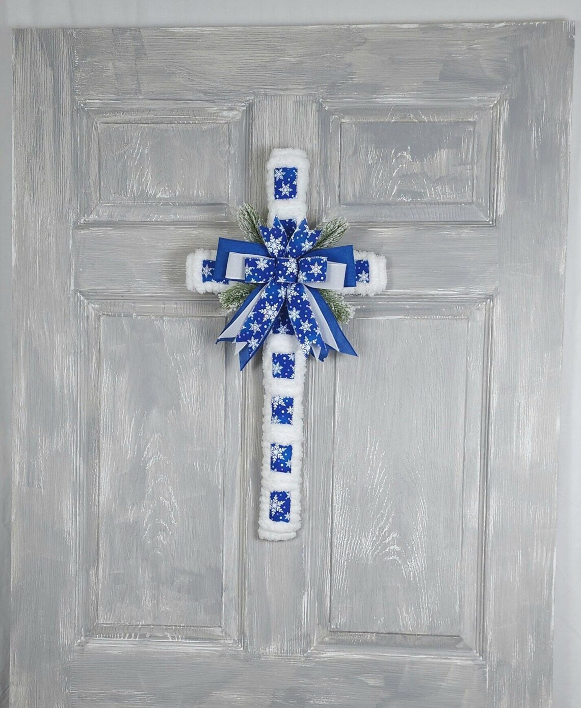Holiday Cross for Front Door, Yarn and Ribbon Blue Snowflake Cross ...