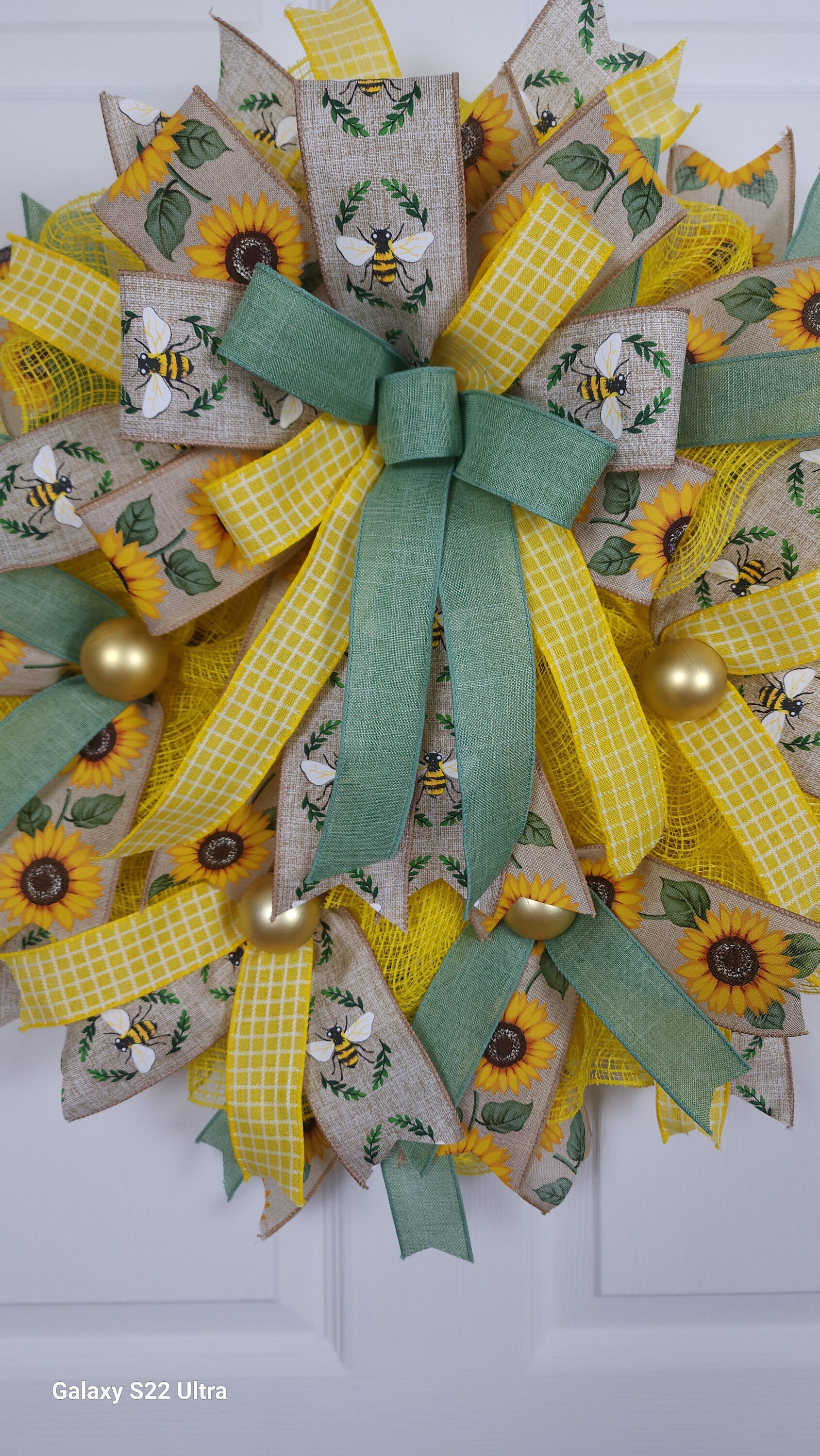Sunflower and Bees Wreath, Ribbon, Bow and Mesh Wreath, Front Door ...