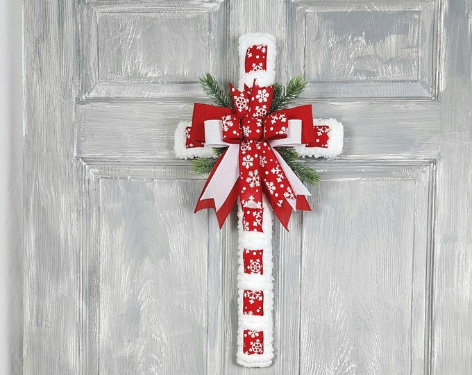 Holiday Cross for Front Door, Yarn and Ribbon Snowflake Cross Hanger ...