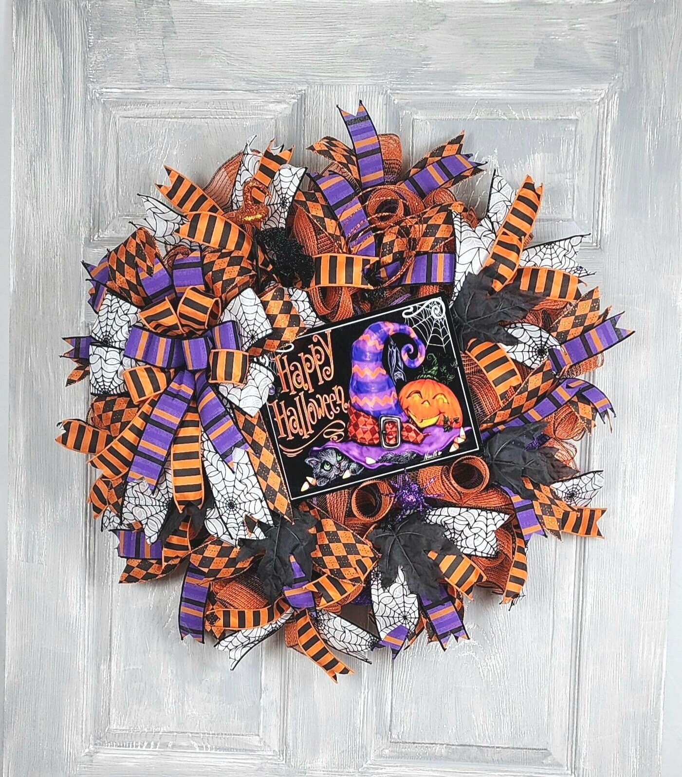 Halloween Spooky Witches Hat Wreath for Front Door Black Cat - Etsy