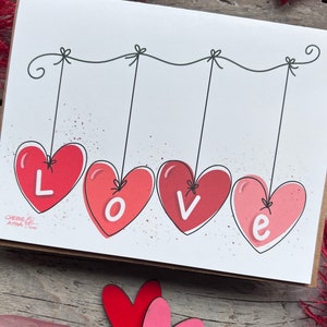 Love Note Card, Hand-drawn Made Original Artwork, Pink and Red Hearts ...