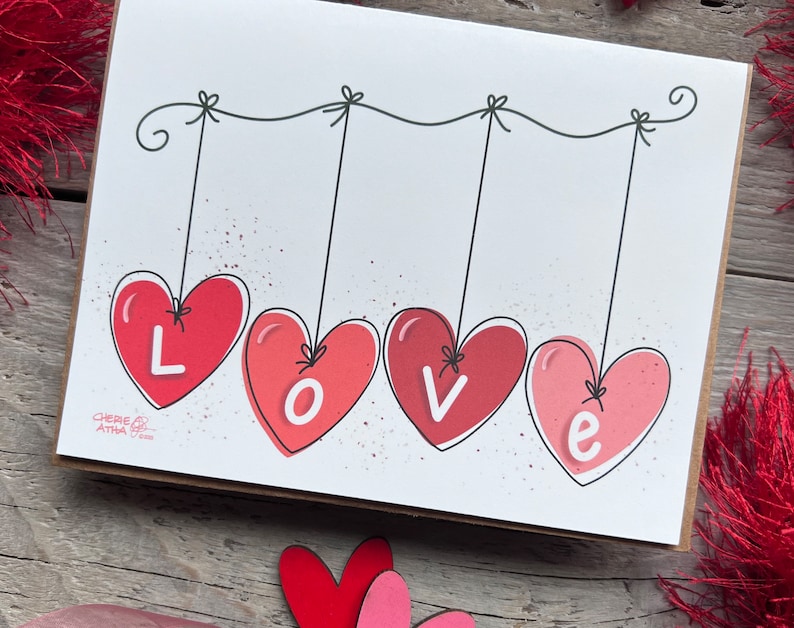 Love Note Card, Hand-drawn Made Original Artwork, Pink and Red Hearts ...