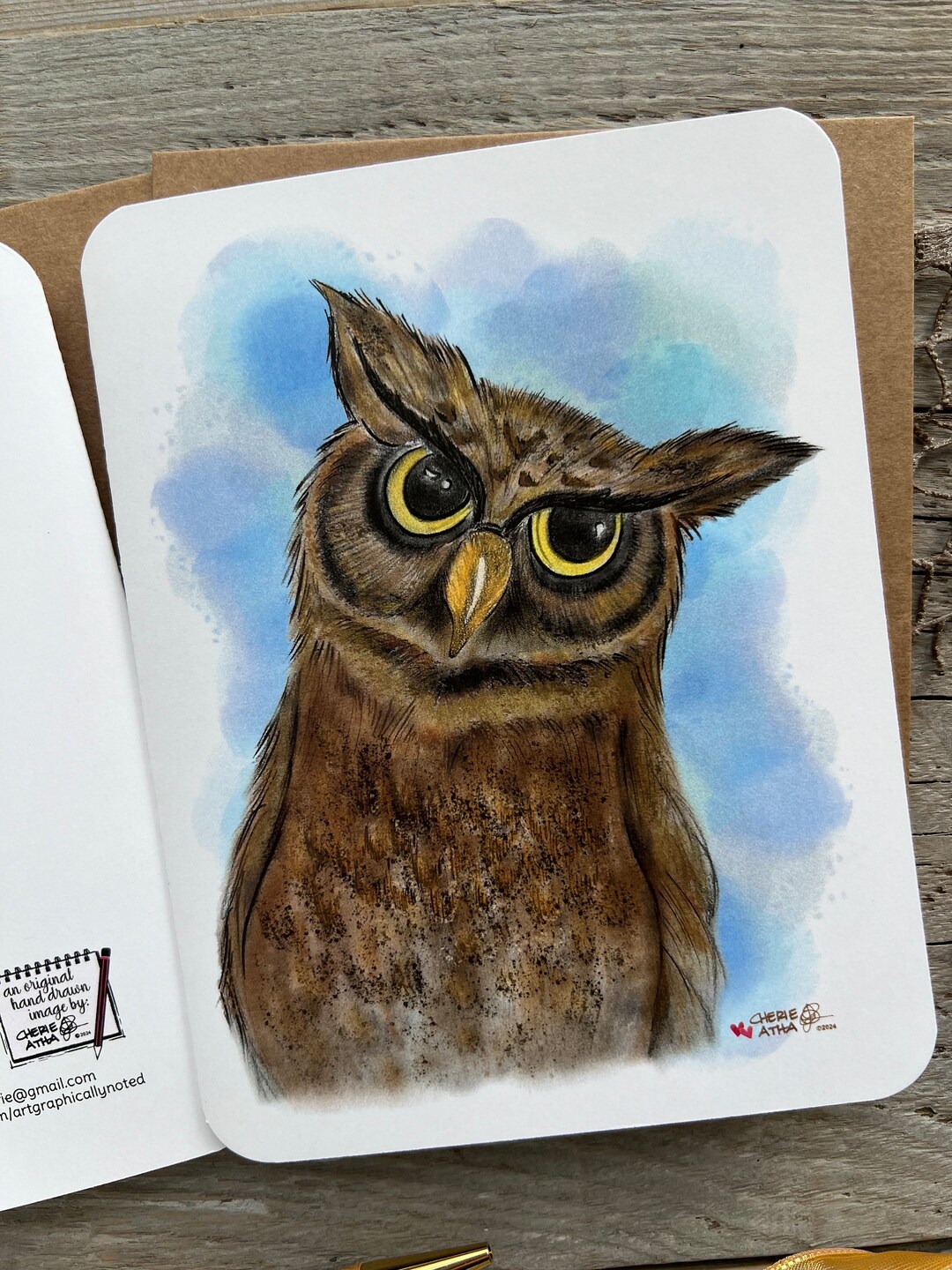Hand Drawn Owl Note Card, Watercolor Art Stationery, Wildlife ...