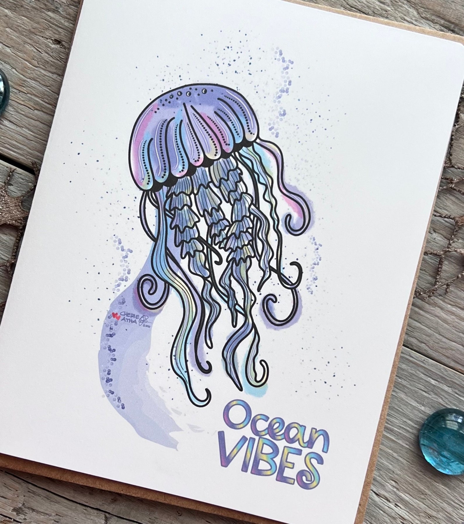 Jellyfish Note Card, Colorful Ocean Inspired Original Art of Bright ...