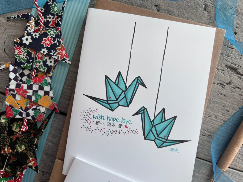 Origami Crane Note Cards: Japanese Paper Art, Wish & Hope - Set of 2 - Etsy