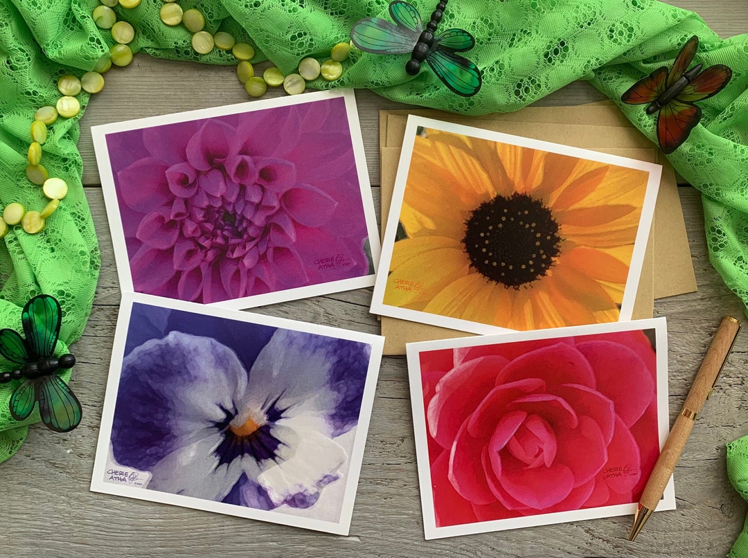 Flower Note Cards Set of 4, Dahlia/sunflower/pansy/camellia Flower ...