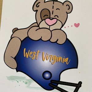 Teddy Bear on WVU Football Helmet, West Virginia Mountaineers 4.25 X 5. ...