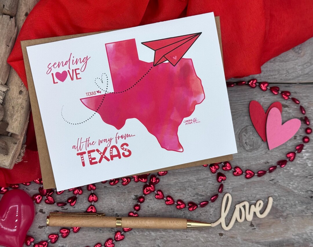 Texas Note Card, Sending Love Paper Airplane Design, Watercolor Art ...