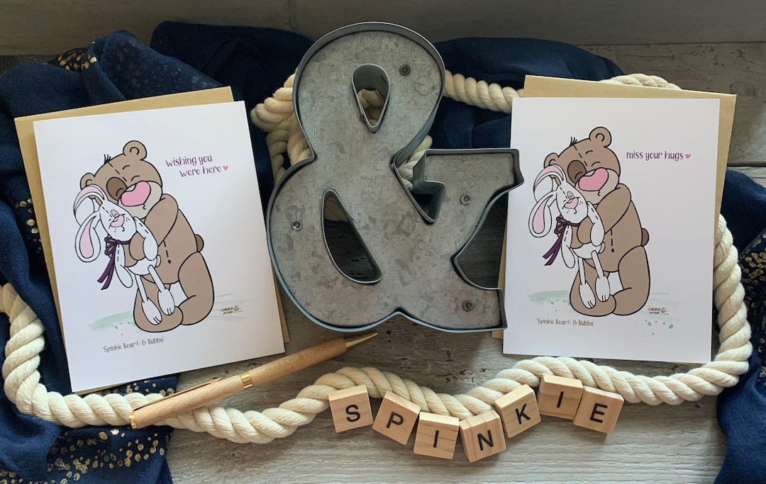 Teddy Bear and Bunny Rabbit Set of 2 Notecards, Original Illustrated ...