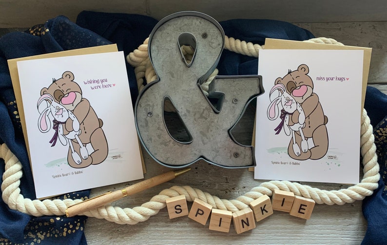 Teddy Bear and Bunny Rabbit Set of 2 Notecards, Original Illustrated ...