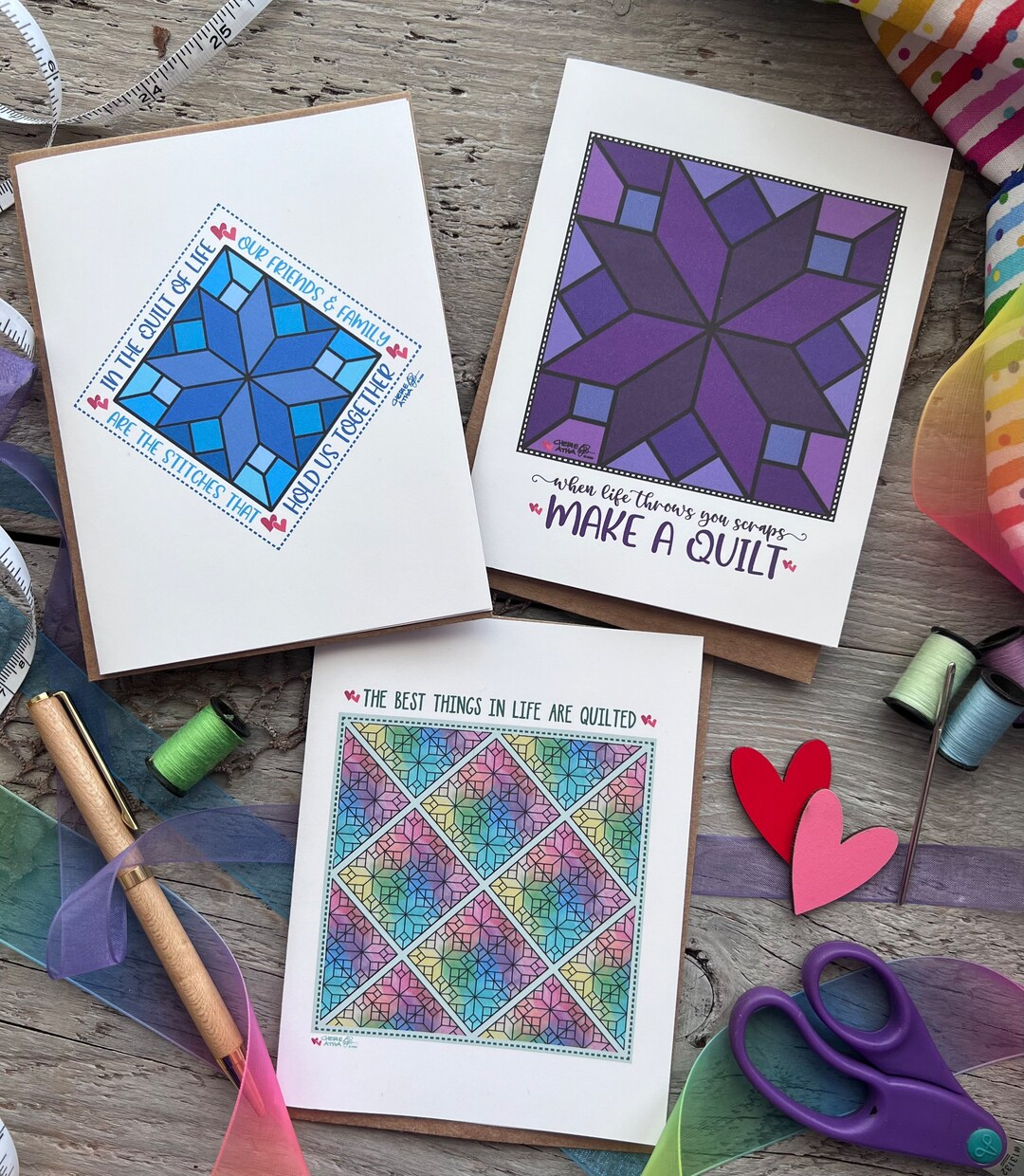 Quilting Star Note Cards, Set of 3, Handmade Sewing Cards, Hand Drawn ...