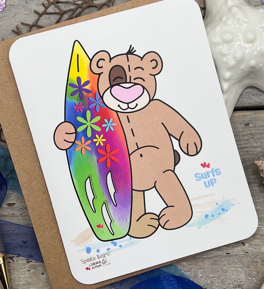 Teddy Bear With Surfboard Notecard, Surfs up Beach Card, Coastal Lover ...