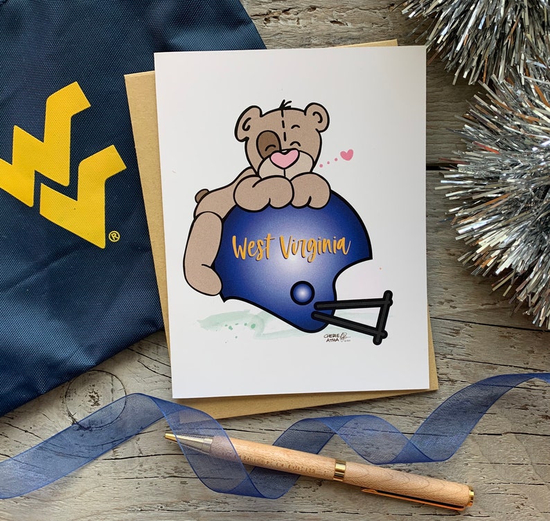 Teddy Bear on WVU Football Helmet, West Virginia Mountaineers 4.25 X 5. ...