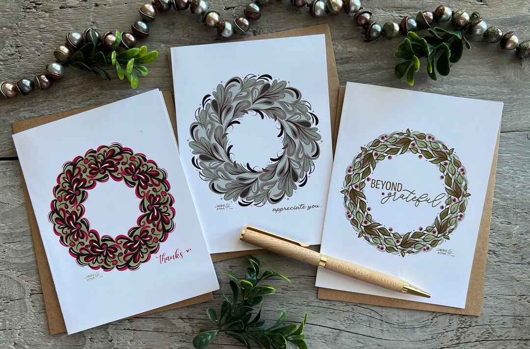 Thank You Wreaths, Set of 3 Note Cards, Original Drawn Art, Wreaths ...