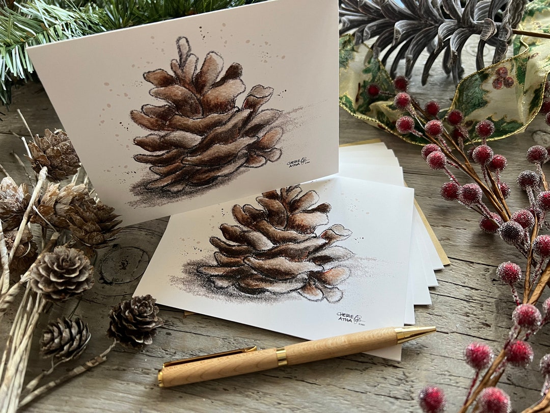 Watercolor Pinecone Note Card Set: Hand-painted Stationery - Etsy