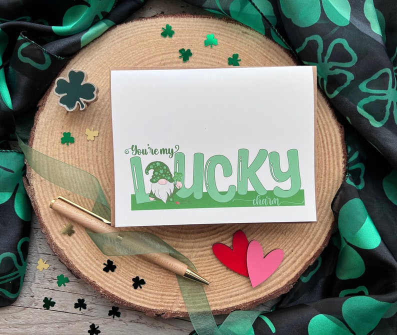 St Patricks Day Gnome Note Card, You're My Lucky Charm, Original Hand ...
