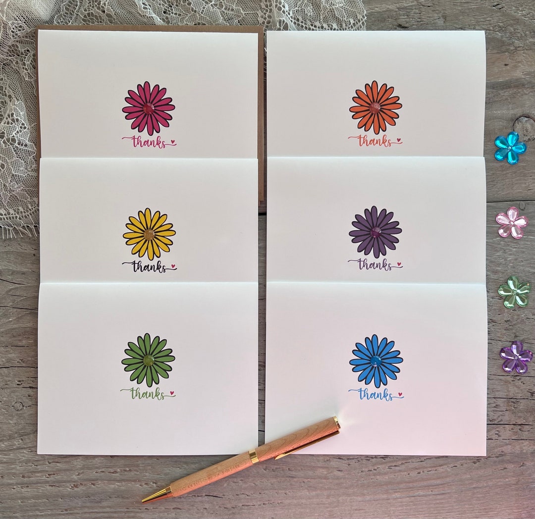 Thank You Note Cards, Set of 6 Different Colorful Daisies With Sparkle ...