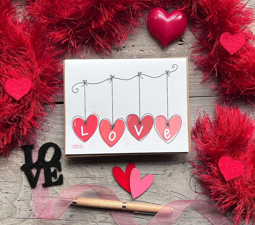 Love Note Card With Pink and Red Hearts on Strings Spelling LOVE, Hand ...