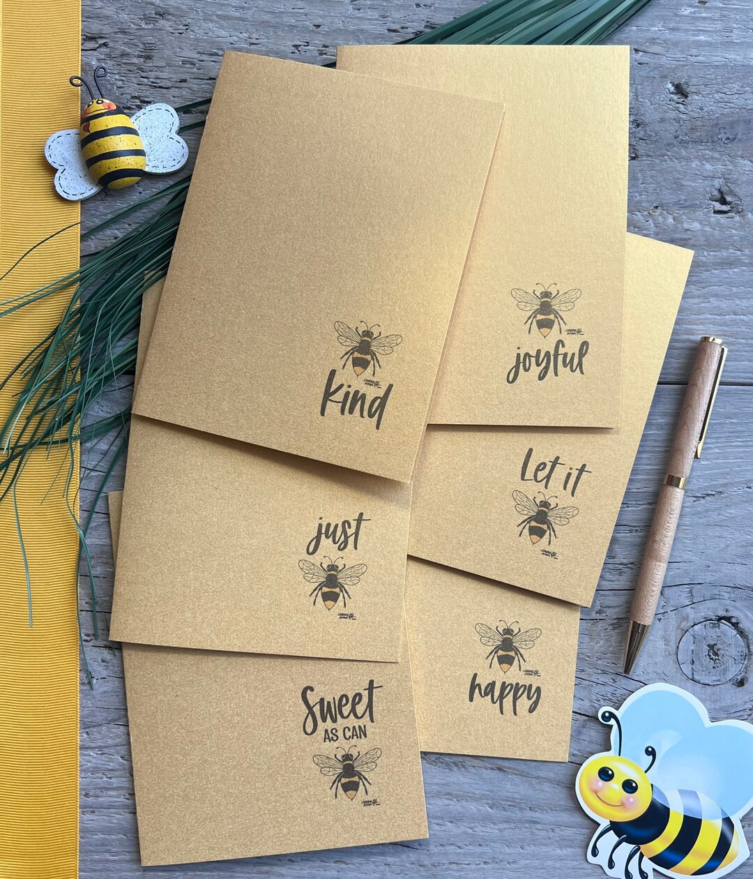 Honey Bee Note Cards Set of 6, Original Artwork on Gold Sheen Paper ...