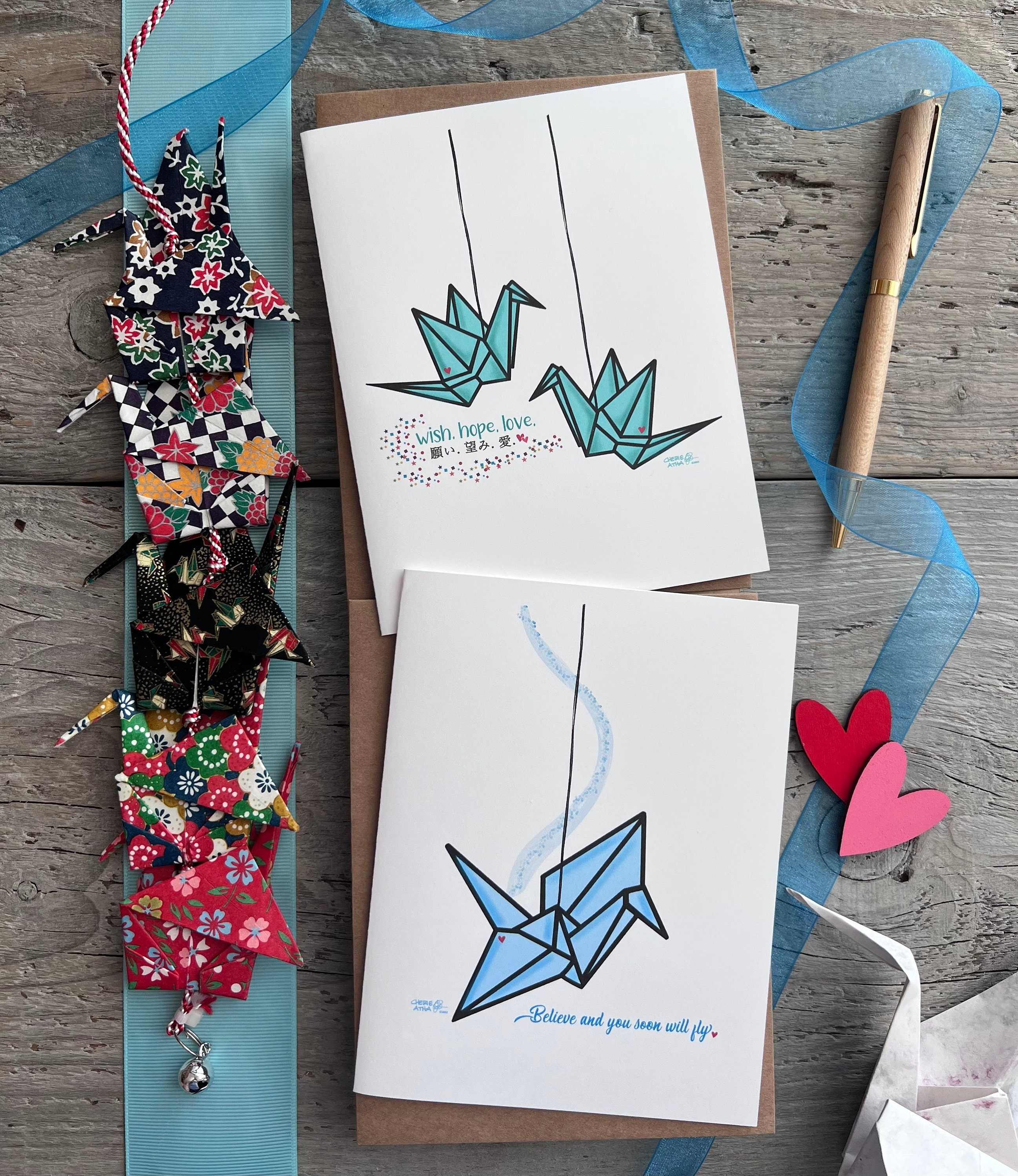 Origami Crane Note Cards: Japanese Paper Art, Wish & Hope - Set of 2 - Etsy