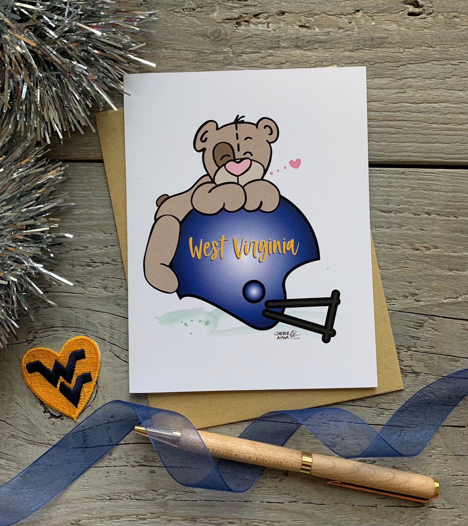 Teddy Bear on WVU Football Helmet, West Virginia Mountaineers 4.25 X 5. ...