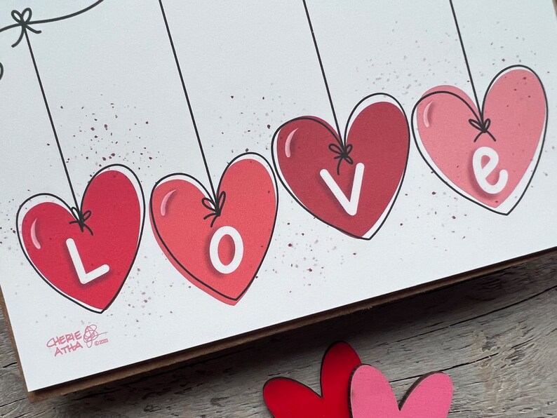 Love Note Card, Hand-drawn Made Original Artwork, Pink and Red Hearts ...