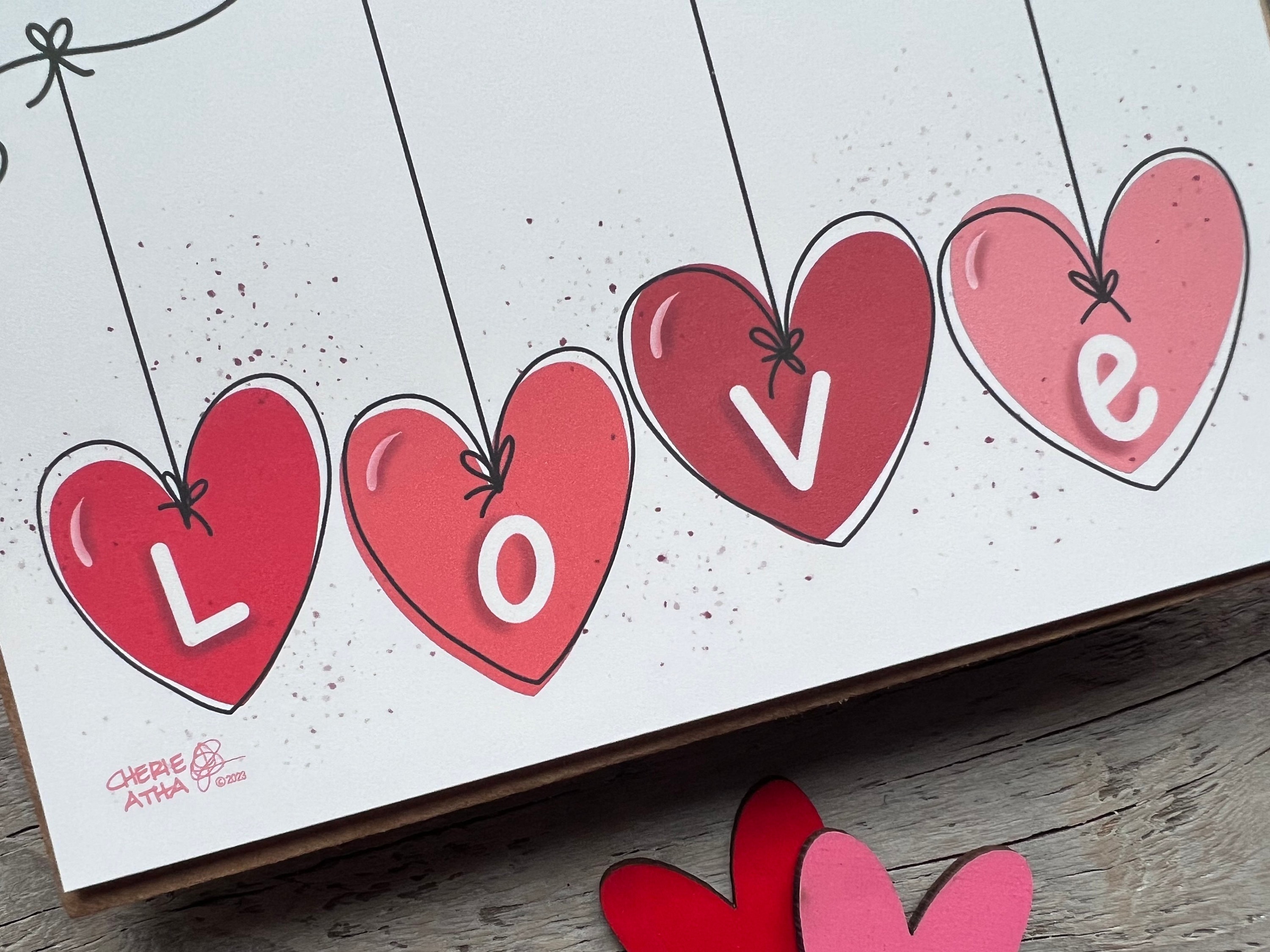 Love Note Card, Hand-drawn Made Original Artwork, Pink and Red Hearts ...