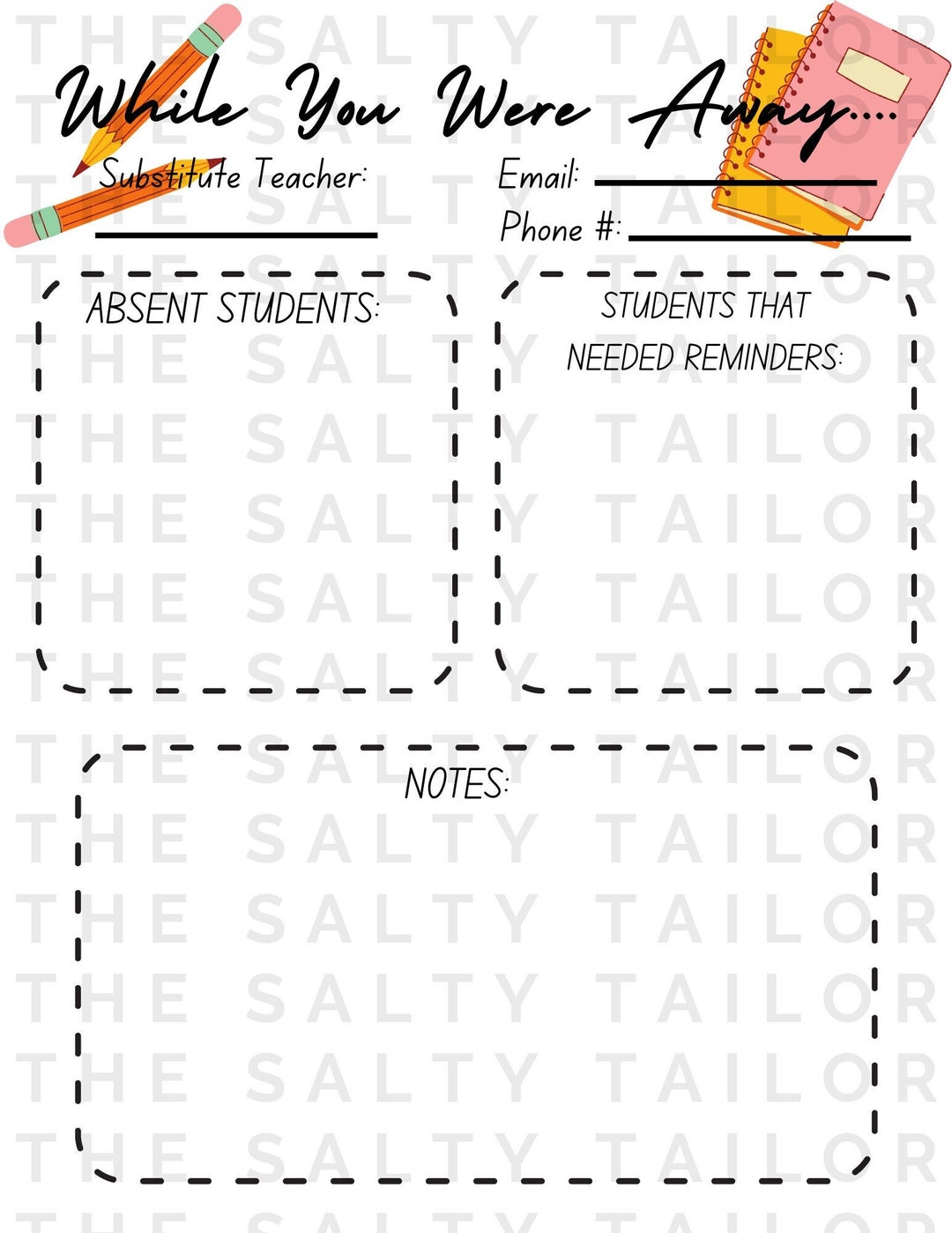 Substitute Teacher Notes-pdf File for Printing - Etsy