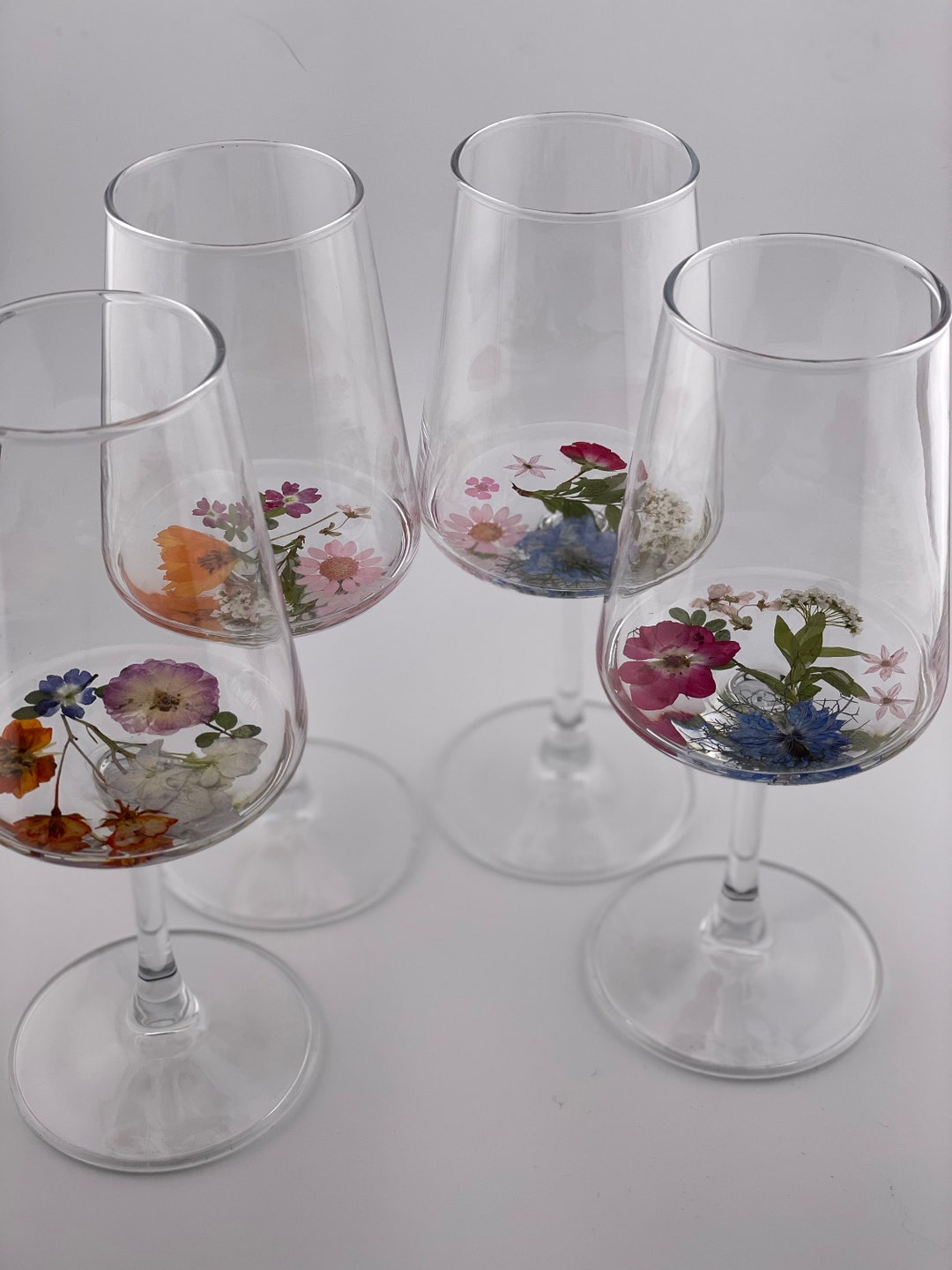 4 Long-stemmed Wine Glasses With Multi-colored Real Dried Flowers ...