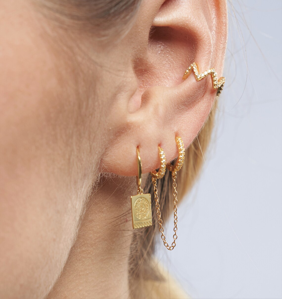 Chain Earrings Double Piercing Chain Connected Hoop Earrings - Etsy