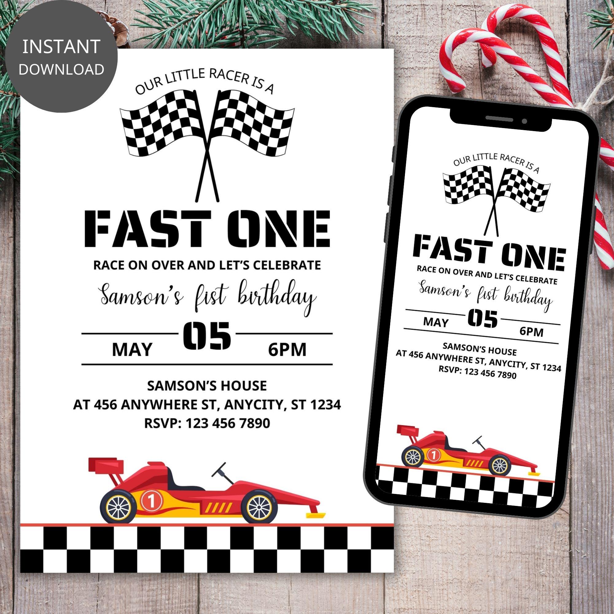 Fast One First Birthday Invitation, Printable Race Car Birthday Invite ...