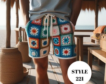 Granny Square Shorts, Boho Colorful Men's Ethnic Shorts, Summer Hand ...