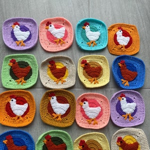 Cockerel Granny Squares, Chicken Set of Crocheted Squares, Finished ...