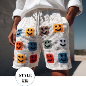Smiley Face Men Shorts, Smile Face Crochet Short Pants for Men, Summer ...