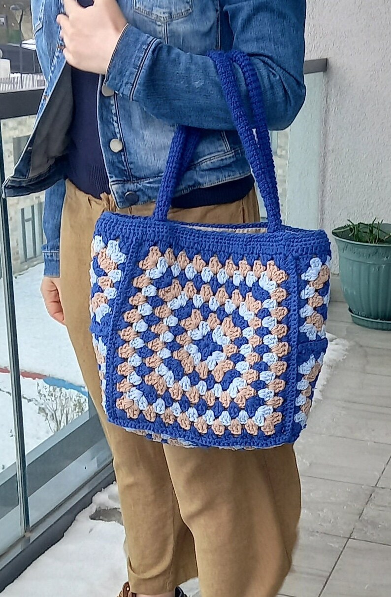 Crochet Bag Crochet Tote Bag for Women Brown/navy Blue - Etsy