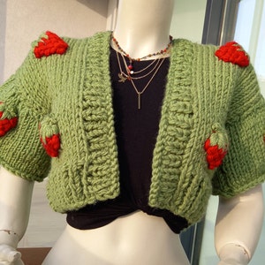 Strawberry Red & Green Sweater for Women, Short Sleeved Strawberry ...