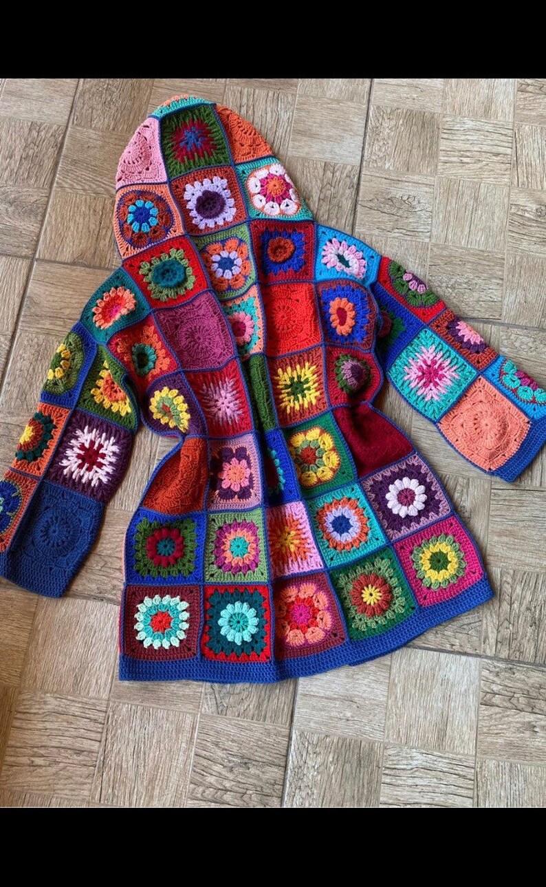 Crochet Cardigan Multicolor Hooded Granny Square Crochet - Etsy