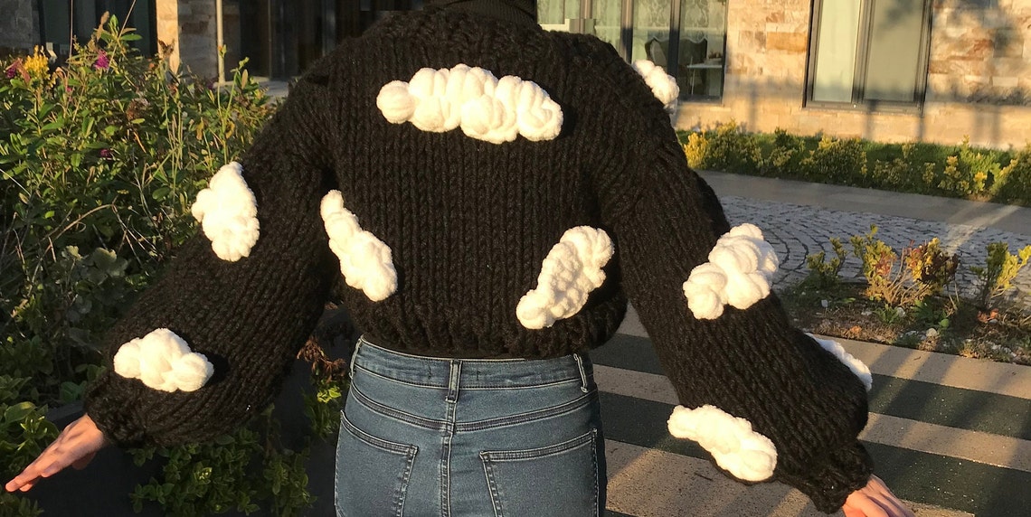 Cloud Knit Cardigan 3D Fluffy Clouds Black Chunky Cardigan | Etsy